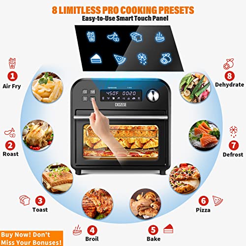 CKOZESE 8-In-1 Smart Toaster Oven Air Fryer Combo, 6-Slice Compact Toaster Ovens Countertop-6 Rapid Quartz Heaters, Air Fry, Grill, Roast, Dehydrate, Broil, Bake, 450℉ Max, Touch Screen, 45 Recipes&5Fittings