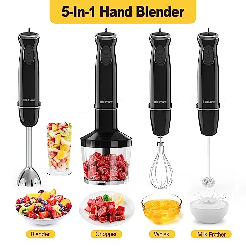 Blackcow Immersion Hand Blender,500W 5-in-1 Hand Blender Electric 12-Speed with Turbo Mode,Handheld Blender Stick with 304 Stainless Steel Blades for Soup, Smoothie, Puree, Baby Food