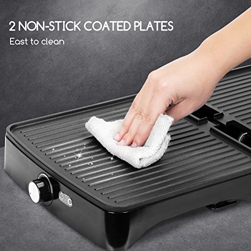 Aigostar Panini Press Grill, 4 Slice Sandwich Maker with Non-Stick Plates and Stainless Steel Surface, Opens 180 Degrees Indoor Grill, Removable Drip Tray, Indicator Lights, cool touch handle, 1200W