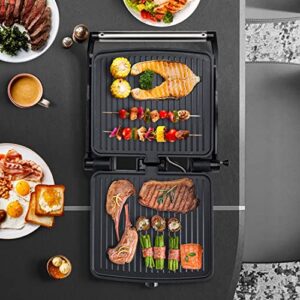 Aigostar Panini Press Grill, 4 Slice Sandwich Maker with Non-Stick Plates and Stainless Steel Surface, Opens 180 Degrees Indoor Grill, Removable Drip Tray, Indicator Lights, cool touch handle, 1200W