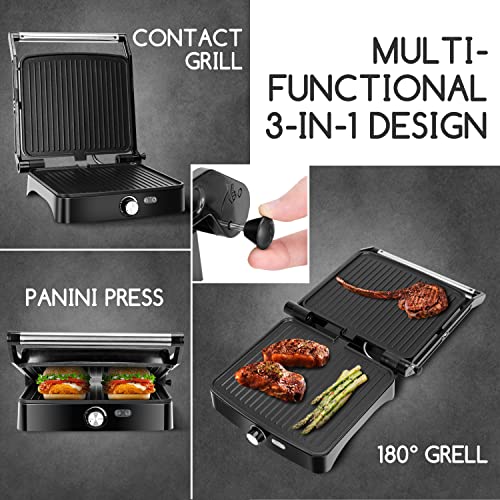 Aigostar Panini Press Grill, 4 Slice Sandwich Maker with Non-Stick Plates and Stainless Steel Surface, Opens 180 Degrees Indoor Grill, Removable Drip Tray, Indicator Lights, cool touch handle, 1200W