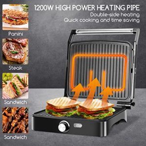 Aigostar Panini Press Grill, 4 Slice Sandwich Maker with Non-Stick Plates and Stainless Steel Surface, Opens 180 Degrees Indoor Grill, Removable Drip Tray, Indicator Lights, cool touch handle, 1200W