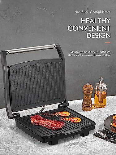 Yabano Panini Press Grill, Gourmet Sandwich Maker, Electric Indoor Grill with Non-Stick Cooking Plate and Removable Drip Tray, Easy to Clean, Stainless Steel