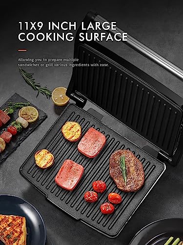 Yabano Panini Press Grill, Gourmet Sandwich Maker, Electric Indoor Grill with Non-Stick Cooking Plate and Removable Drip Tray, Easy to Clean, Stainless Steel