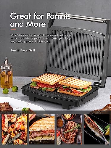 Yabano Panini Press Grill, Gourmet Sandwich Maker, Electric Indoor Grill with Non-Stick Cooking Plate and Removable Drip Tray, Easy to Clean, Stainless Steel