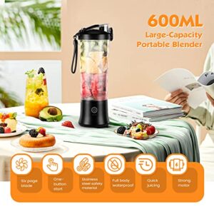 Portable Blender, 600ML Personal Blender for Shakes and Smoothies Mini Blender USB Rechargeable, Two Blend Modes, 20 oz Handheld Blender with 6 Ultra-sharp Blades for Travel, Office and Sports