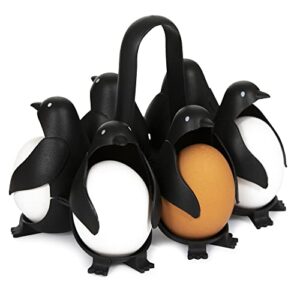 egg holder hard boiled egg cooker - penguin shaped boiled eggs cooker - 3-in-1 cook, store and serve egg holder kitchen gadget home decor - egg rack for 6 soft or hard boiled egg - black