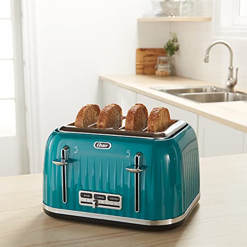 Oster 4-Slice Extra Wide Slot Pop Up Toaster with 9 Shade Settings, Removable Crumb Tray, and Quick Check Lever, Teal w/ Chrome Accents