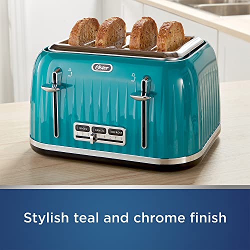 Oster 4-Slice Extra Wide Slot Pop Up Toaster with 9 Shade Settings, Removable Crumb Tray, and Quick Check Lever, Teal w/ Chrome Accents