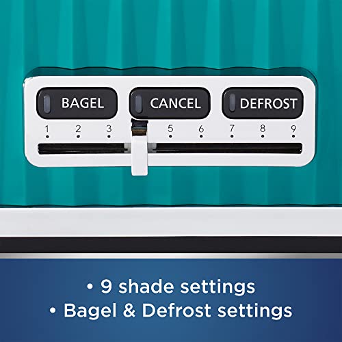 Oster 4-Slice Extra Wide Slot Pop Up Toaster with 9 Shade Settings, Removable Crumb Tray, and Quick Check Lever, Teal w/ Chrome Accents