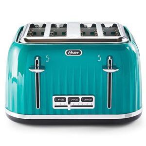 Oster 4-Slice Extra Wide Slot Pop Up Toaster with 9 Shade Settings, Removable Crumb Tray, and Quick Check Lever, Teal w/ Chrome Accents