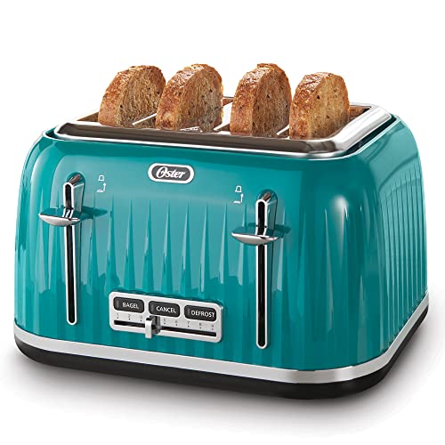 Oster 4-Slice Extra Wide Slot Pop Up Toaster with 9 Shade Settings, Removable Crumb Tray, and Quick Check Lever, Teal w/ Chrome Accents