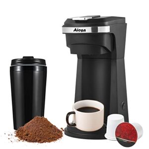 aiosa 2 in 1 single serve k cup coffee maker 14oz,with travel cup,mini single personal coffee maker machine,one button operation,auto shut off,800w with resuable filter, one cup coffee maker