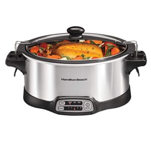 hamilton beach 33663 programmable slow cooker stovetop-safe sear & cook crock, travel lid lock for portable transport, 6 quart, silver