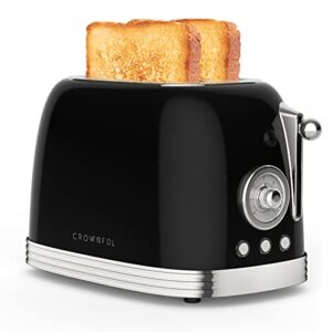 crownful 2-slice toaster, extra wide slots toaster, retro stainless steel with bagel, cancel, defrost, reheat function and 6-shade settings, removal crumb tray, black