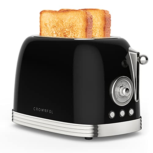 CROWNFUL 2-Slice Toaster, Extra Wide Slots Toaster, Retro Stainless Steel with Bagel, Cancel, Defrost, Reheat Function and 6-Shade Settings, Removal Crumb Tray, Black