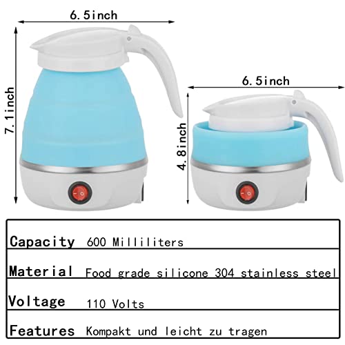 Travel Kettle Electric Small Foldable Portable Kettle,Silicone Collapsible Heating Water Boiler Tea Pot for Camping,Easy for Storage with Separable Power Cord (Blue)