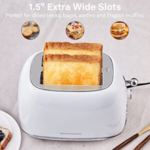 REDMOND 2 Slice Toaster Retro Stainless Steel Toaster with Bagel, Cancel, Defrost Function and 6 Bread Shade Settings Bread Toaster, Extra Wide Slot and Removable Crumb Tray, White, ST028