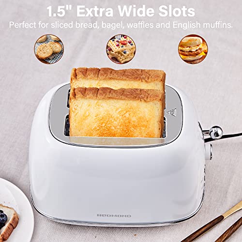 REDMOND 2 Slice Toaster Retro Stainless Steel Toaster with Bagel, Cancel, Defrost Function and 6 Bread Shade Settings Bread Toaster, Extra Wide Slot and Removable Crumb Tray, White, ST028