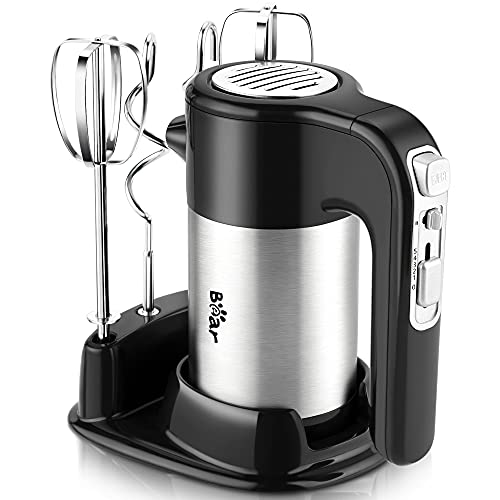 Bear Hand Mixer Electric, 5 Speed with Turbo Powerful Electric Hand Mixer with Storage Base, 4 Stainless Steel Accessories, Easy Eject, Black