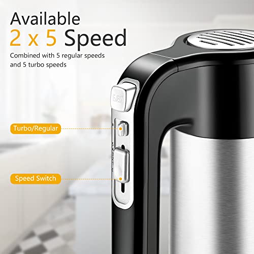 Bear Hand Mixer Electric, 5 Speed with Turbo Powerful Electric Hand Mixer with Storage Base, 4 Stainless Steel Accessories, Easy Eject, Black