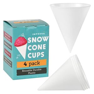 [4 pack] plastic reusable snow cone cups for your snow cone maker - no leak, durable shaved ice cone cups - snow cone cup for slushies, shaved ice syrup or juice - family pack snow cone cups 6 oz