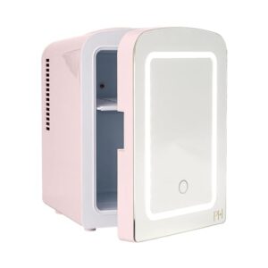 paris hilton mini refrigerator and personal beauty fridge, mirrored door with dimmable led light, thermoelectric cooling and warming function for all cosmetics and skincare needs, 4-liter, pink