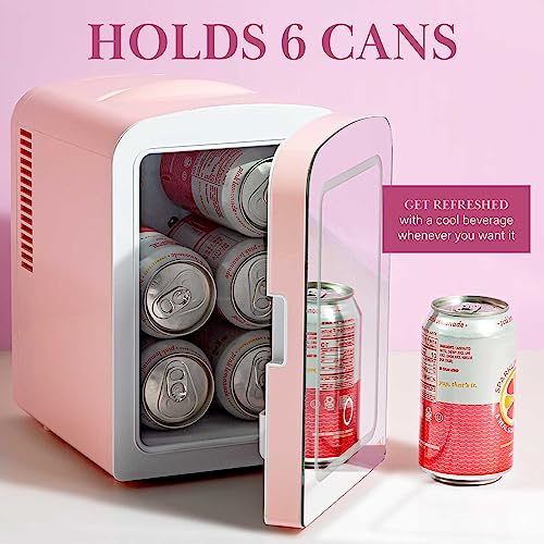 Paris Hilton Mini Refrigerator and Personal Beauty Fridge, Mirrored Door with Dimmable LED Light, Thermoelectric Cooling and Warming Function for All Cosmetics and Skincare Needs, 4-Liter, Pink