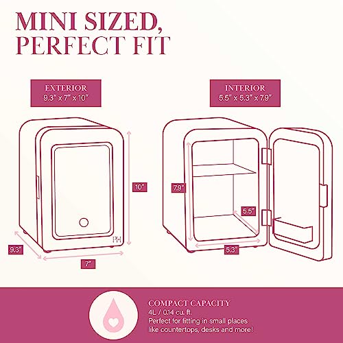 Paris Hilton Mini Refrigerator and Personal Beauty Fridge, Mirrored Door with Dimmable LED Light, Thermoelectric Cooling and Warming Function for All Cosmetics and Skincare Needs, 4-Liter, Pink