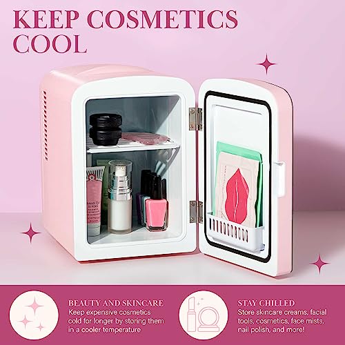 Paris Hilton Mini Refrigerator and Personal Beauty Fridge, Mirrored Door with Dimmable LED Light, Thermoelectric Cooling and Warming Function for All Cosmetics and Skincare Needs, 4-Liter, Pink