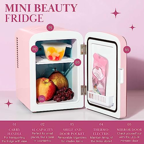 Paris Hilton Mini Refrigerator and Personal Beauty Fridge, Mirrored Door with Dimmable LED Light, Thermoelectric Cooling and Warming Function for All Cosmetics and Skincare Needs, 4-Liter, Pink