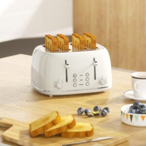 Toaster 4 Slice, Retro Stainless Toaster with 6 Bread Shade Settings,1.5''Wide Slots Toaster with Cancel/Defrost/Reheat Functions,Dual Independent Control Panel, Removal Crumb Tray and High Lift Lever (White)