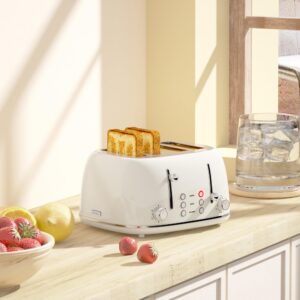 Toaster 4 Slice, Retro Stainless Toaster with 6 Bread Shade Settings,1.5''Wide Slots Toaster with Cancel/Defrost/Reheat Functions,Dual Independent Control Panel, Removal Crumb Tray and High Lift Lever (White)