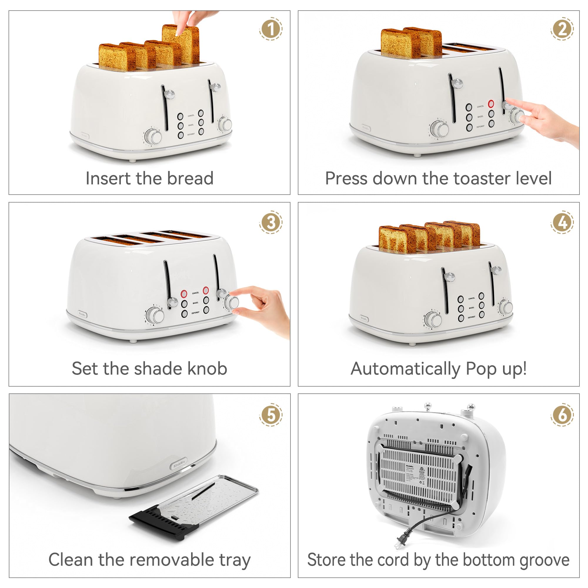 Toaster 4 Slice, Retro Stainless Toaster with 6 Bread Shade Settings,1.5''Wide Slots Toaster with Cancel/Defrost/Reheat Functions,Dual Independent Control Panel, Removal Crumb Tray and High Lift Lever (White)