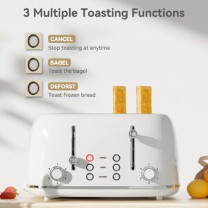 Toaster 4 Slice, Retro Stainless Toaster with 6 Bread Shade Settings,1.5''Wide Slots Toaster with Cancel/Defrost/Reheat Functions,Dual Independent Control Panel, Removal Crumb Tray and High Lift Lever (White)