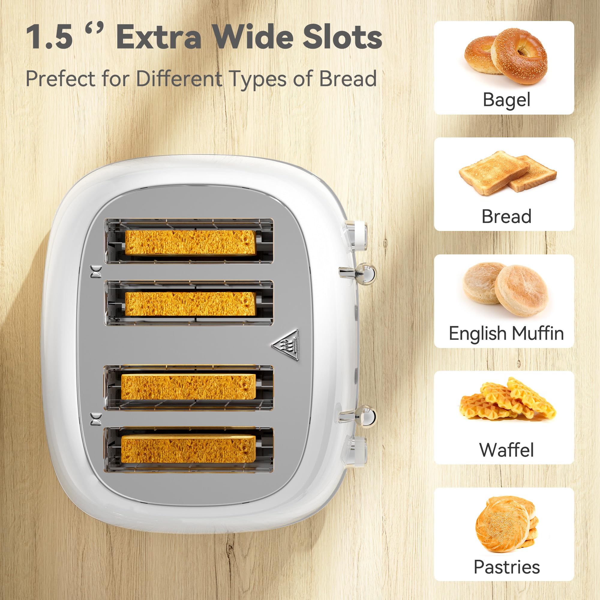 Toaster 4 Slice, Retro Stainless Toaster with 6 Bread Shade Settings,1.5''Wide Slots Toaster with Cancel/Defrost/Reheat Functions,Dual Independent Control Panel, Removal Crumb Tray and High Lift Lever (White)