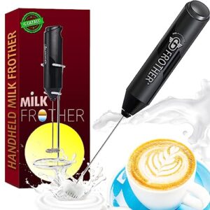 milk frother handheld with stand, frother whisk, milk foamer, drink mixer coffee frother for latte, cappuccinos, hot chocolate - aa battery operated - black