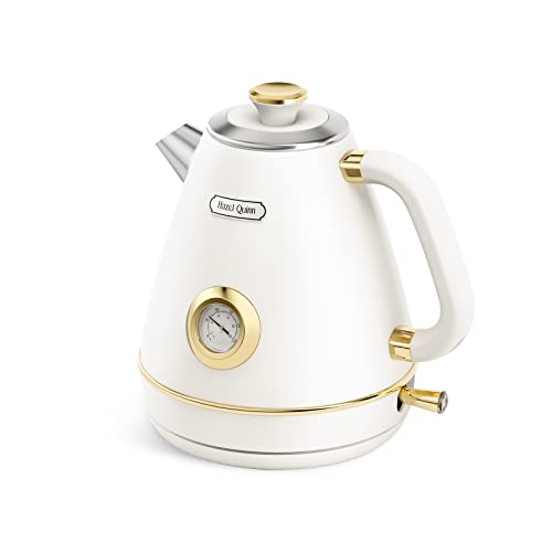 Hazel Quinn Retro Electric Kettle - 1.7 Liters / 57.5 Ounces Tea Kettle with Thermometer, All Stainless Steel, Fast Boiling 1200W, BPA-free, Cordless, Rotational Base, Automatic Shut Off - Pearl White