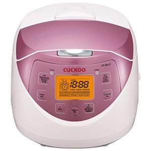 cuckoo cr-0631f | 6-cup (uncooked) micom rice cooker | 8 menu options: white rice, brown rice & more, nonstick inner pot, made in korea | white/pink