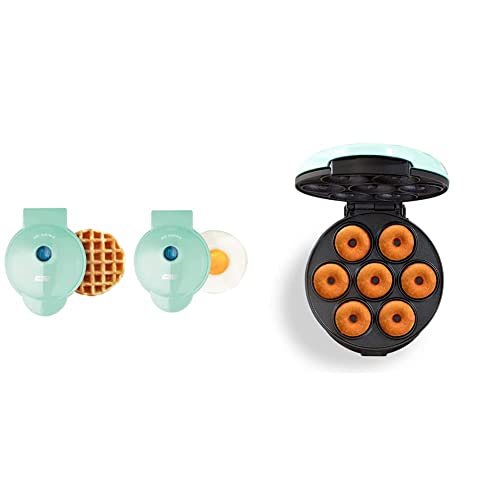 Dash DMSW002AQ Mini Maker, 2-Pack Griddle + Waffle Iron, 2 pack, Aqua & Mini Donut Maker Machine for Kid-Friendly Breakfast, Snacks, Desserts & More with Non-stick Surface, Makes 7 Doughnuts - Aqua