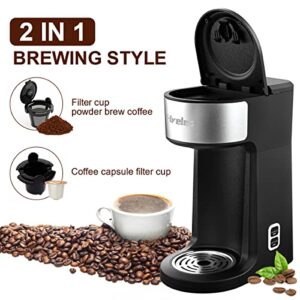 2-Way Single Serve Coffee Maker Brewer for Capsule and Ground Coffee, Mini Coffee Machine with Self-Cleaning Function and 8-14 oz Brew Size