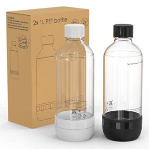 mycket soda maker bottles, carbonating bottles, 1l bpa free reusable pet sparkling water bottles for soda machine, 2 pack, black+white