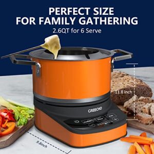 GREECHO Fondue Pot Electric Set - 2.6 Qt Stainless Steel Electric Fondue Pot with 3 Preset Mode (Cheese, Chocolate & Broth) and Precise Digital 7 Gear Temperature Control, 1200W Fondue Pot Set with Separated Fondue Pot & 6 Color-Coded Forks (Carrot Orange