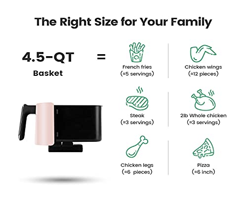 [NEW] KOOC Large Air Fryer, 4.5-Quart Electric Hot Oven Cooker, Free Cheat Sheet for Quick Reference Guide, LED Touch Digital Screen, 8 in 1, Customized Temp/Time, Nonstick Basket, Pink