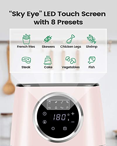 [NEW] KOOC Large Air Fryer, 4.5-Quart Electric Hot Oven Cooker, Free Cheat Sheet for Quick Reference Guide, LED Touch Digital Screen, 8 in 1, Customized Temp/Time, Nonstick Basket, Pink