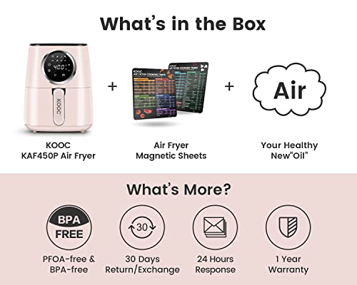 [NEW] KOOC Large Air Fryer, 4.5-Quart Electric Hot Oven Cooker, Free Cheat Sheet for Quick Reference Guide, LED Touch Digital Screen, 8 in 1, Customized Temp/Time, Nonstick Basket, Pink