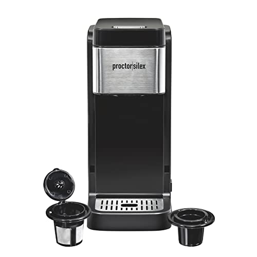 Proctor Silex Single-Serve Coffee Maker Compatible with Pod Packs and Grounds, 40 oz. Reservoir Makes Four 10 oz. Cups Without Refilling, Black & Stainless Steel (49919)