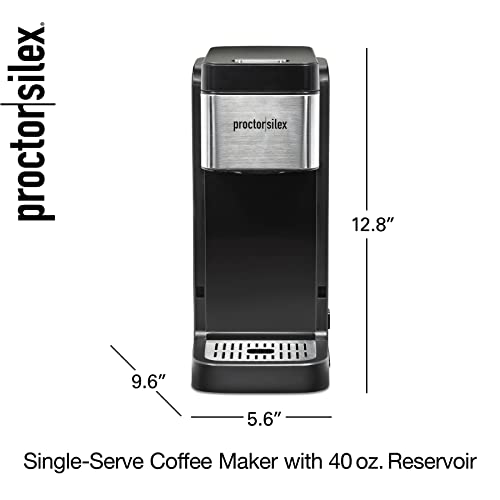 Proctor Silex Single-Serve Coffee Maker Compatible with Pod Packs and Grounds, 40 oz. Reservoir Makes Four 10 oz. Cups Without Refilling, Black & Stainless Steel (49919)