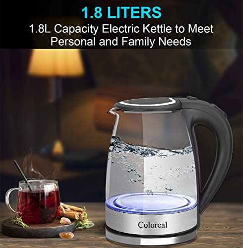 Water Electric Kettle, 1.8L Glass Electric Tea Kettle 1200w Cordless Electric Kettle with LED Light Portable Water Heater Boiler Pot Tea kettle Fast Boiling BPA-Free Auto Shut-off Boil-Dry Protection