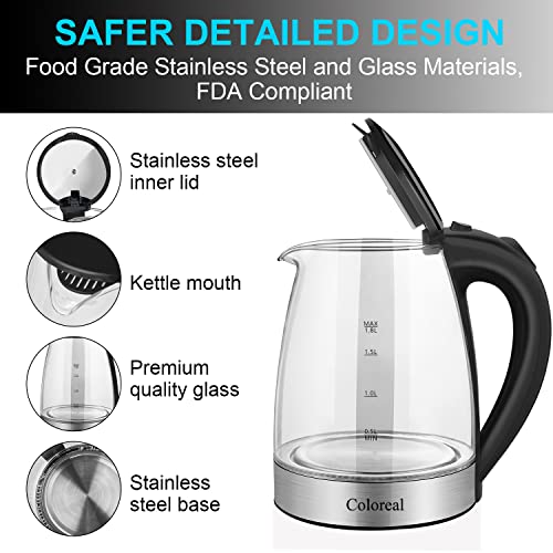 Water Electric Kettle, 1.8L Glass Electric Tea Kettle 1200w Cordless Electric Kettle with LED Light Portable Water Heater Boiler Pot Tea kettle Fast Boiling BPA-Free Auto Shut-off Boil-Dry Protection